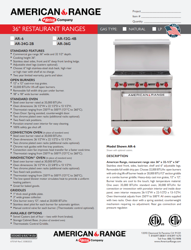 American-Range 36-Inch Restaurant Range Standard Oven AR-6 – Surfas Online