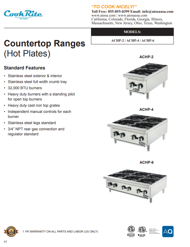 Cook-Rite Countertop Hot Plate 4 Burner 24in ACHP4 – Surfas Online