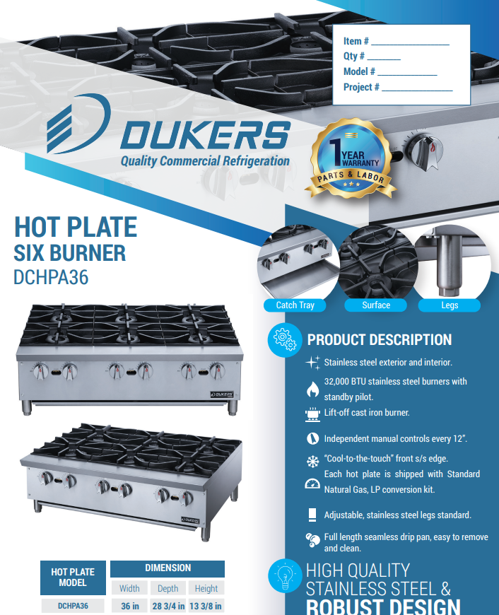 Dukers Countertop Hot Plate 6 Burner 36in DCHPA36 – Surfas Online